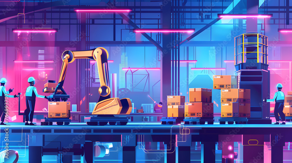 Cartoon factory: robotic arm lifts boxes on conveyor belt Stock Photo ...