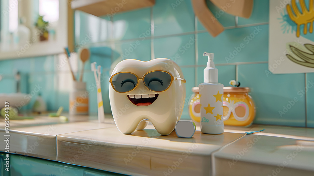 close-up of a tooth character lounging on a dental clinic counter with ...