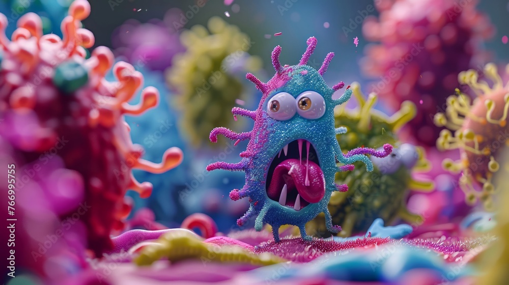 Develop a 3D animation showing a close-up battle between good bacteria ...