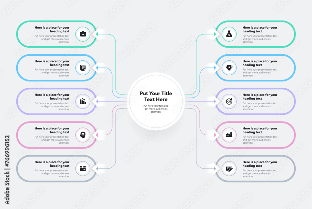 Vetor de Modern flowchart infographic with central circle and ten ...