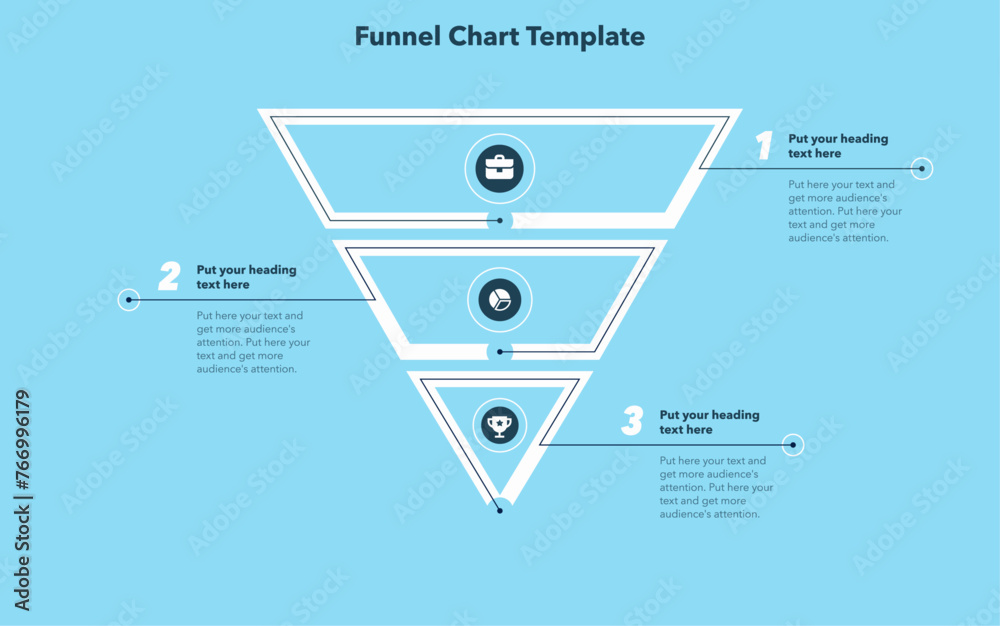 Funnel chart template with 3 sections - blue version. Creative diagram ...