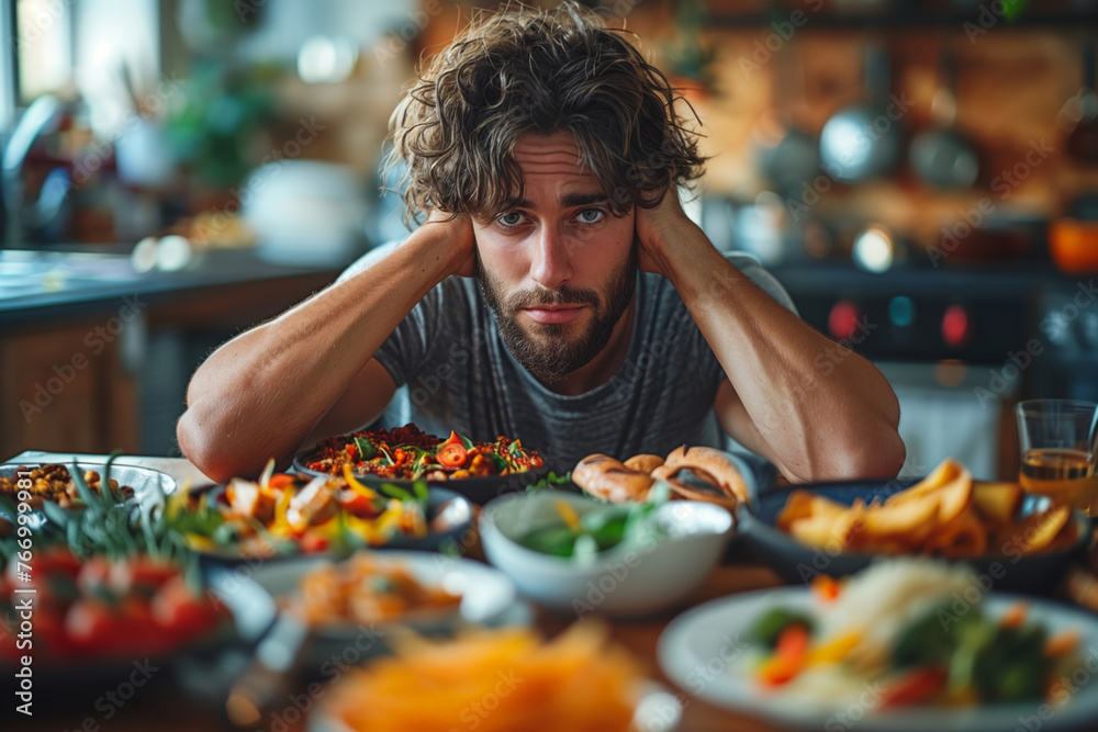 Thinking man at table with lot of dishes. Man planning his diet ...