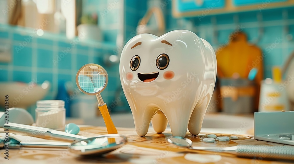 Visualize a tooth character in a detective outfit, magnifying glass in ...