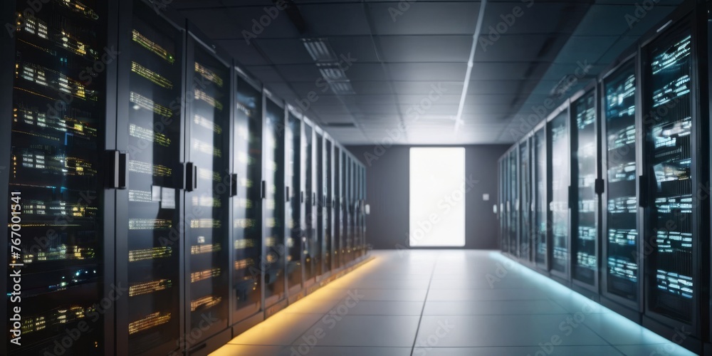 A corridor stretches through a modern server room, illuminated by soft ...
