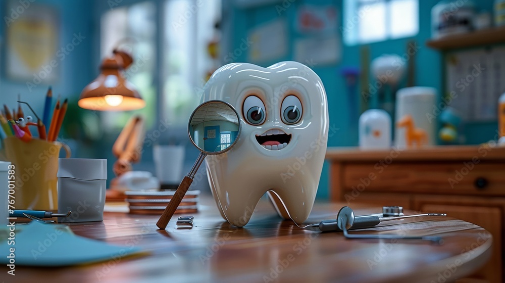 Visualize a tooth character in a detective outfit, magnifying glass in ...