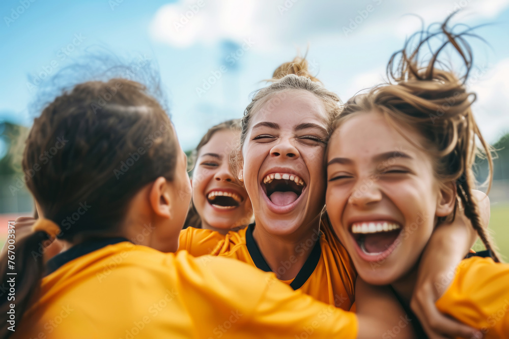 Young female soccer players in a joyful group hug after a victorious ...