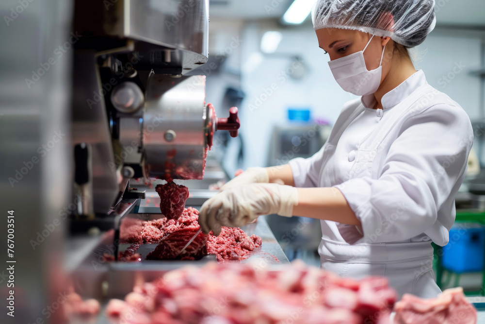 Professional female butcher processing meat in a clean butchery Stock ...
