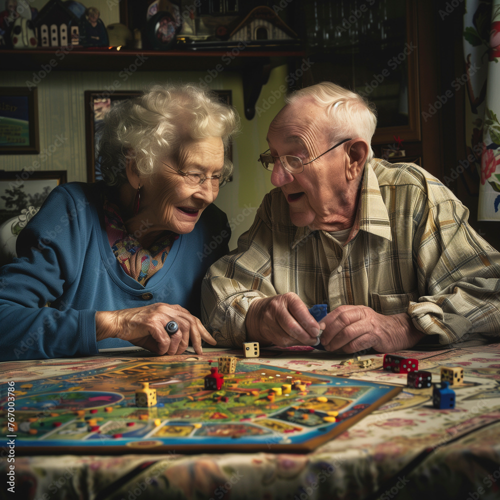 Old retired people have fun indoor playing at board games together ...