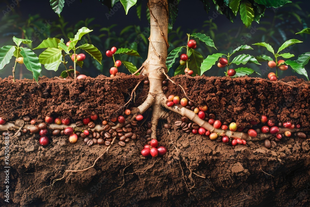 Cross section View of Tree Roots and Soil with Coffee Beans and Plants ...