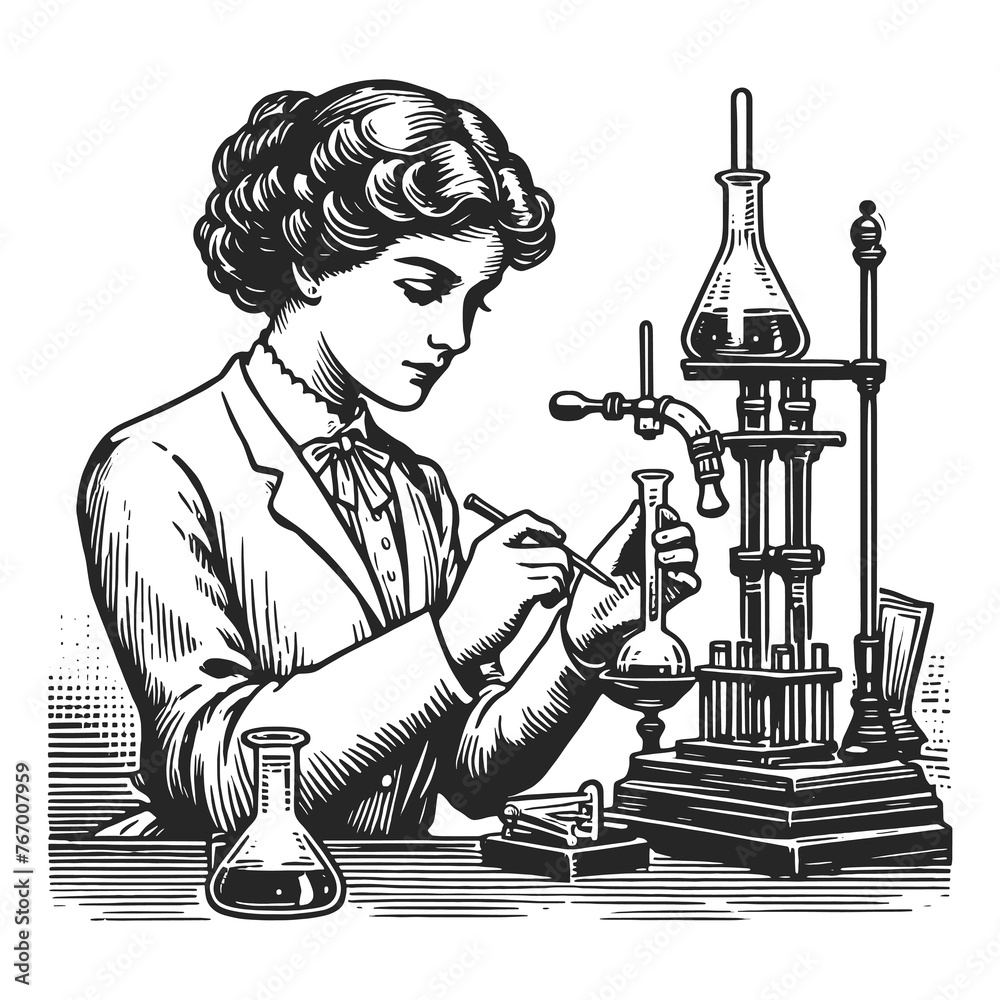 woman scientist conducting an experiment in a classic chemistry lab ...