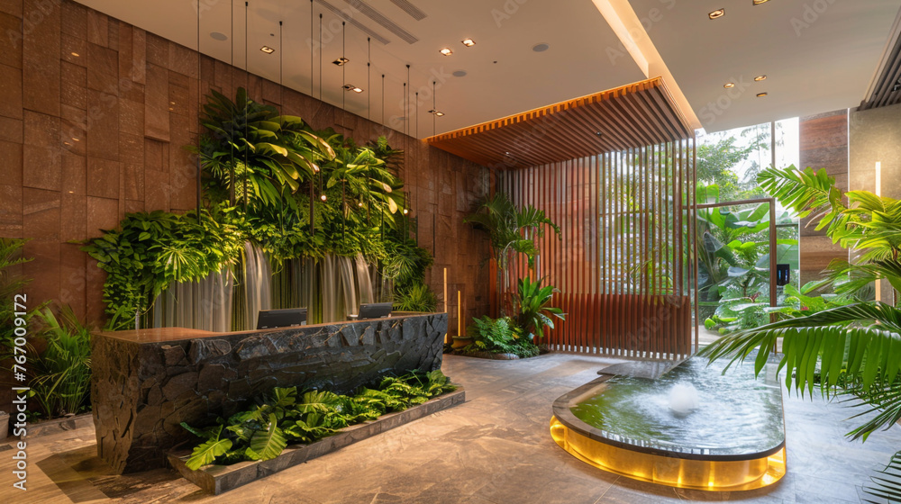 Nature's embrace in the lobby, with a reception desk surrounded by lush ...