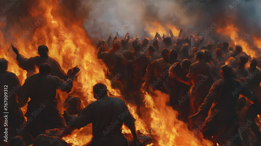 A painting of hell of suffering and eternal damnation. partially ...