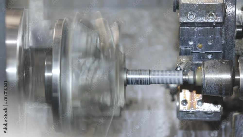 CNC turning machine high precision throwing coolant liquid on metal ...