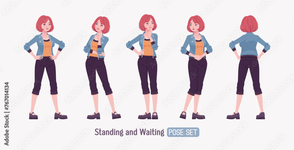 Attractive young woman standing, waiting posing. Adult red choppy bob ...
