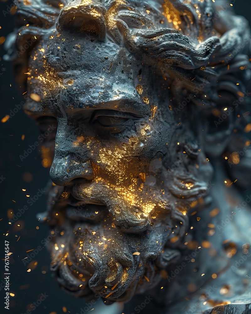 a stone statue portrait of a god like men, the statues face is a bit ...