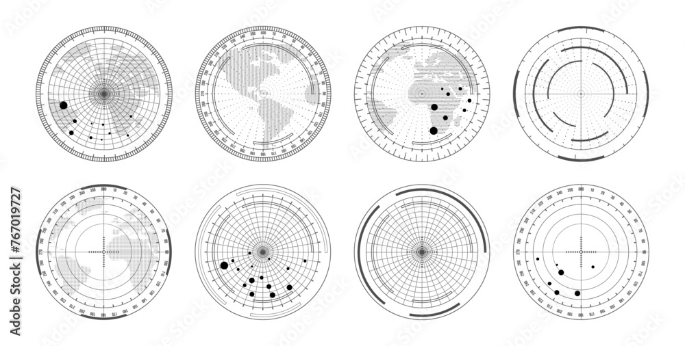 Realistic military sonar radars with maps and target displays. Vector ...