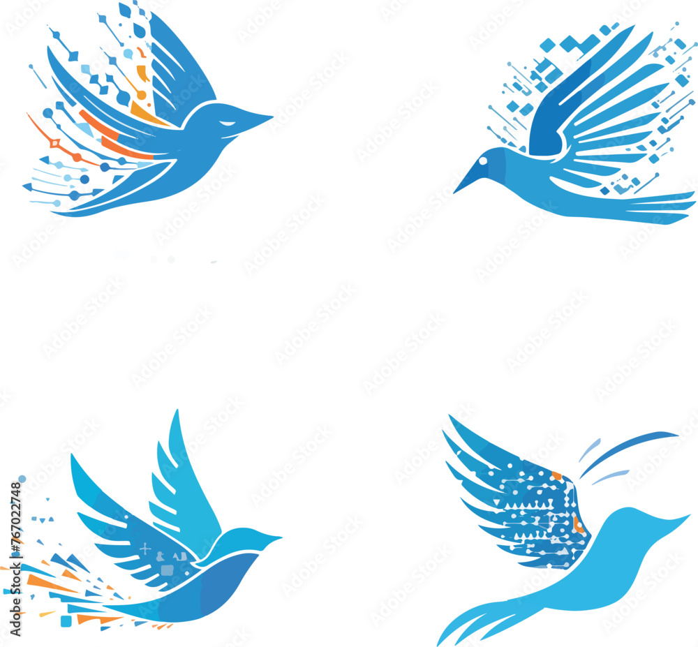 Four blue birds with different colored dots and a blue one with a ...