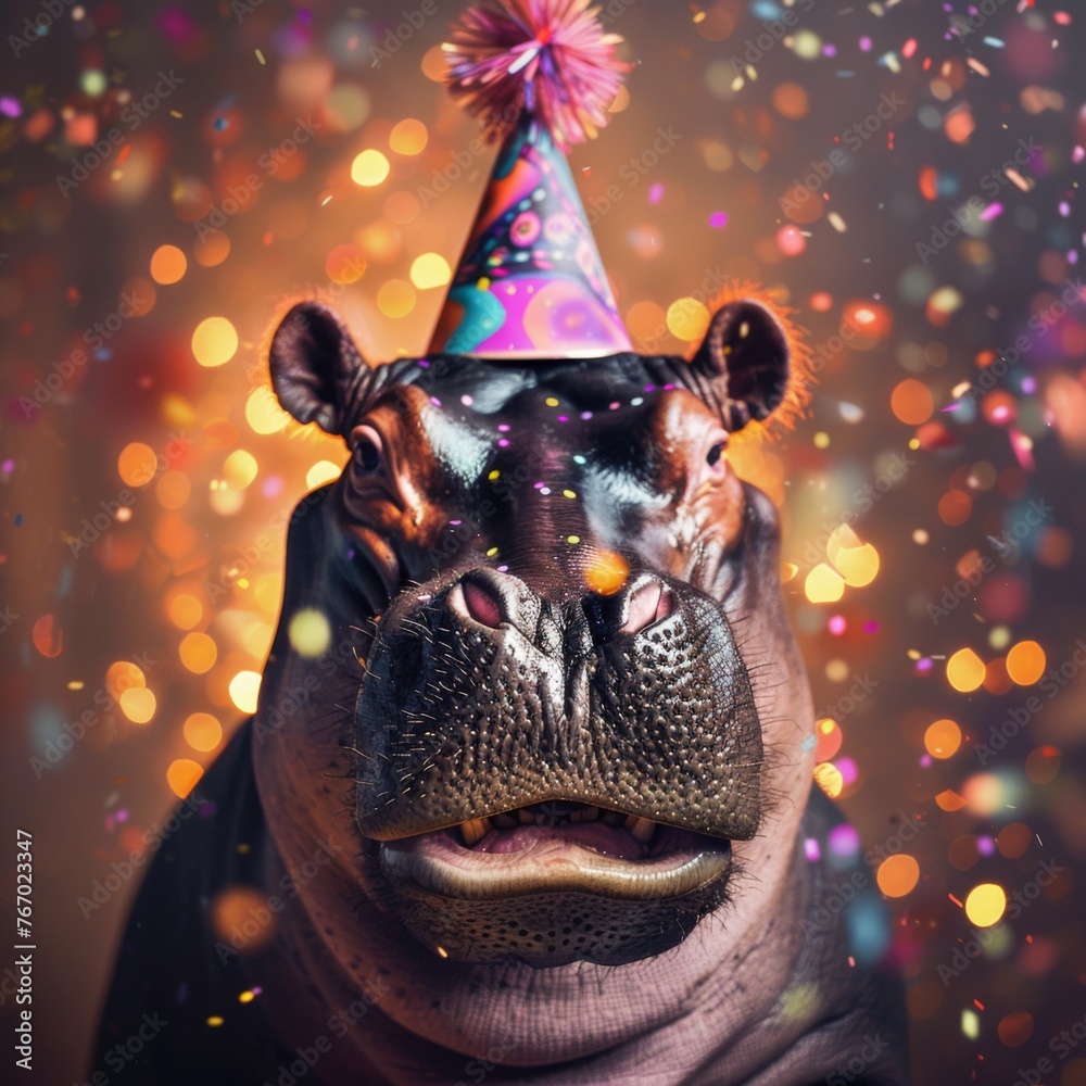 Happy cute animal friendly Hippopotamus wearing a party hat celebrating ...