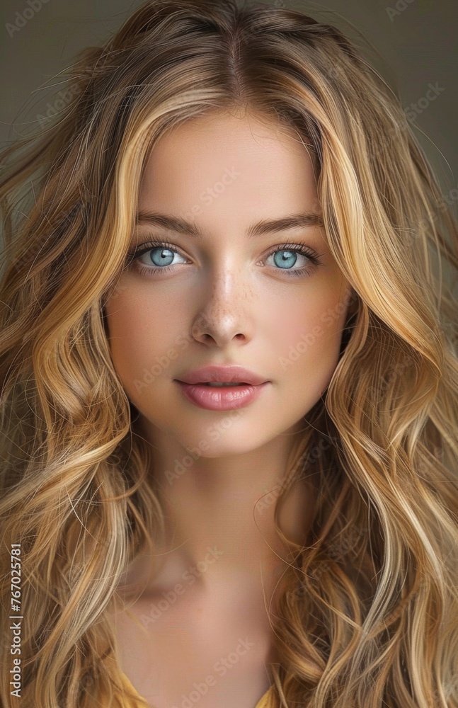 beautiful 20 year old woman with long blond hair in a gold painting, blue eyes, beautiful Stock ...