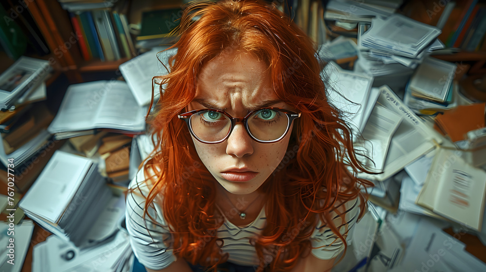 a very angry redhead lady with glasses at home in her living room ...
