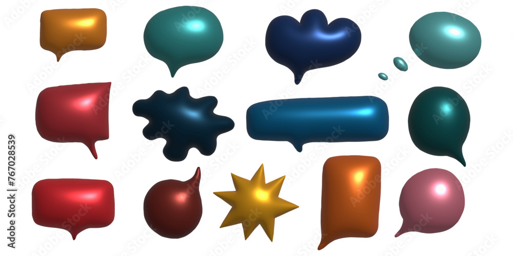 3D Chrome abstract liquid shapes. Inflated metal objects. Realistic ...