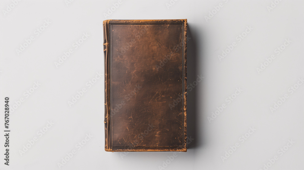 Mock-up of a book with blank brown leather cover on a plain white ...