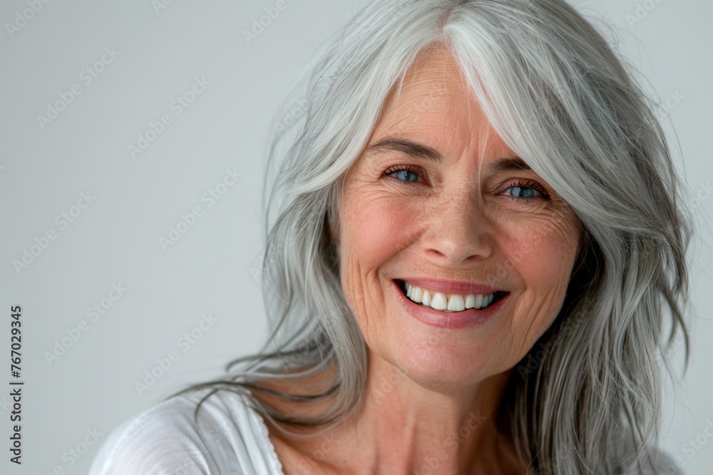 Foto de Portrait of a senior model woman with silver hair, her face lit ...