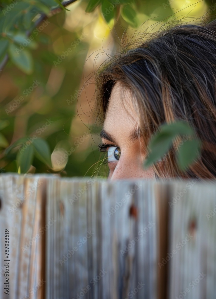 woman nosey neighbor peaking over fence. Side eye to camera. Can only ...