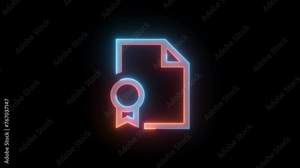 Neon certificate icon brown cyan color glowing animation black ...