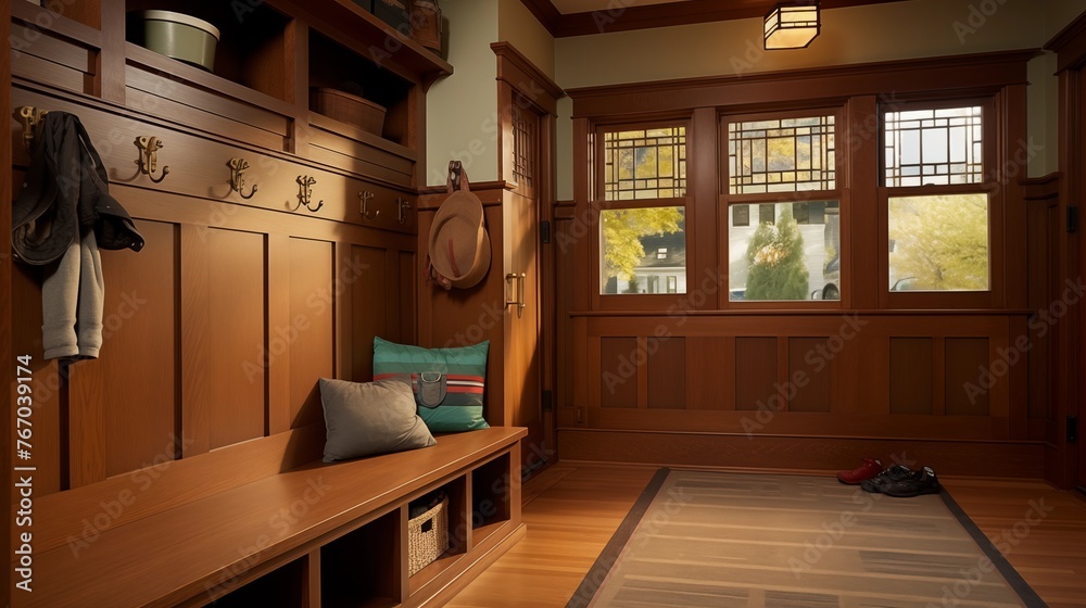 Craftsman bungalow mudroom with built-in storage lockers window bench ...