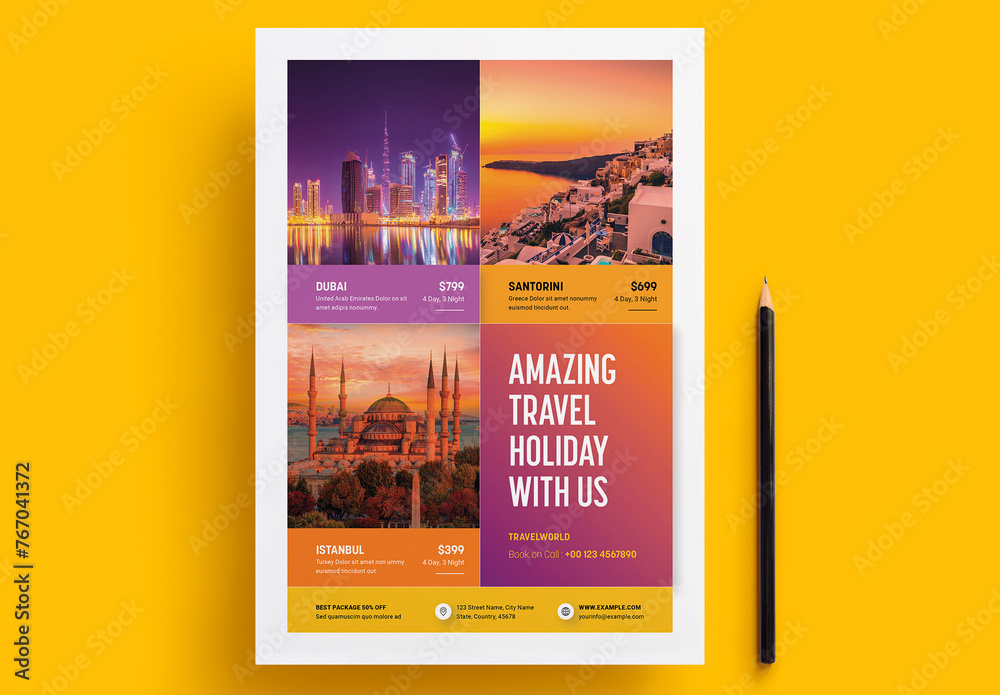 Travel Flyer Agency Layout with Orange and Purple Accents Stock ...