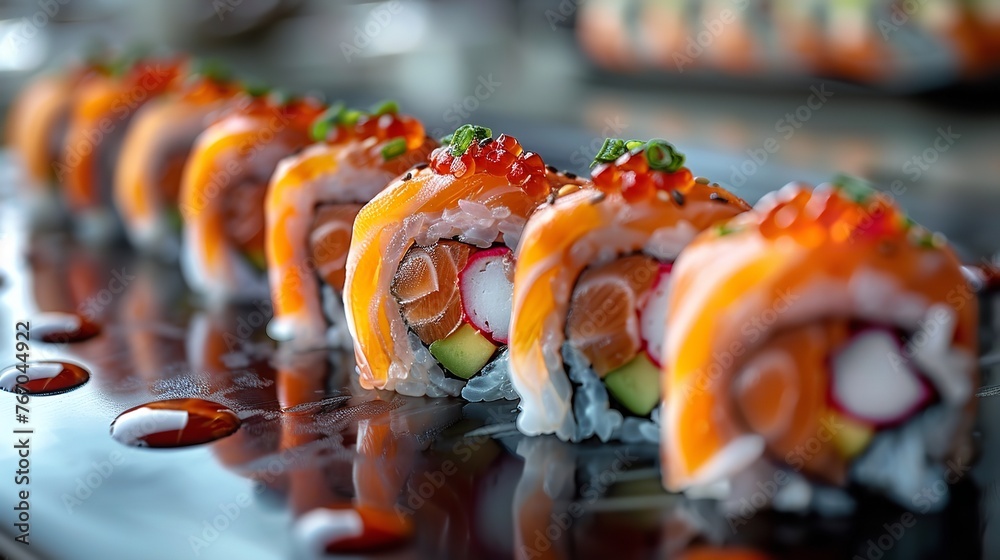 A line of sushi set against a dark backdrop, reflecting off the plate's ...
