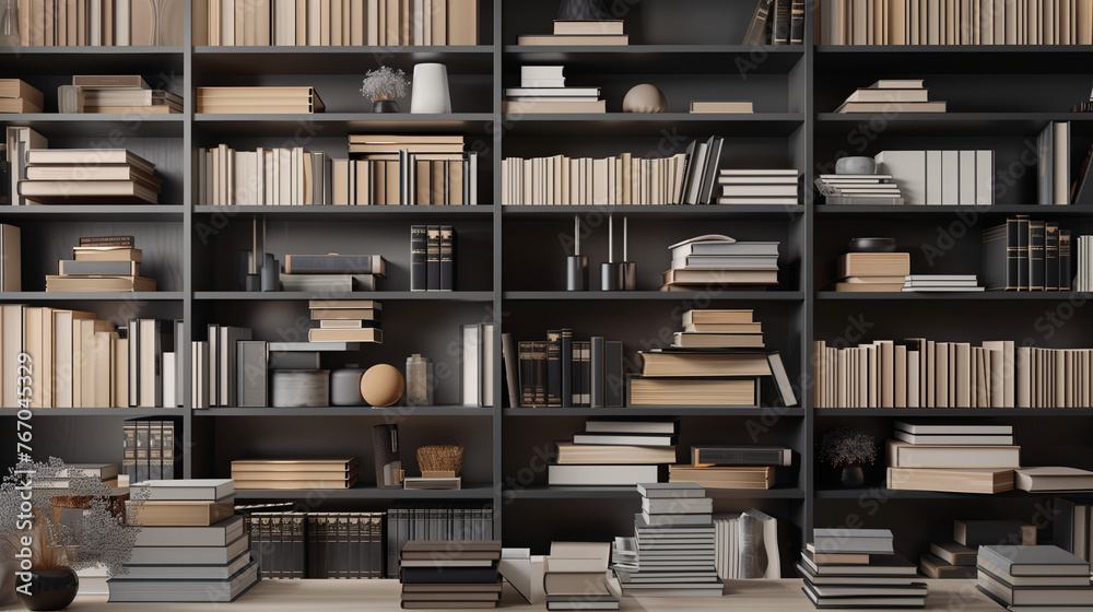 Mock-up of bookshelf with a lot of book spine stacking in the black ...