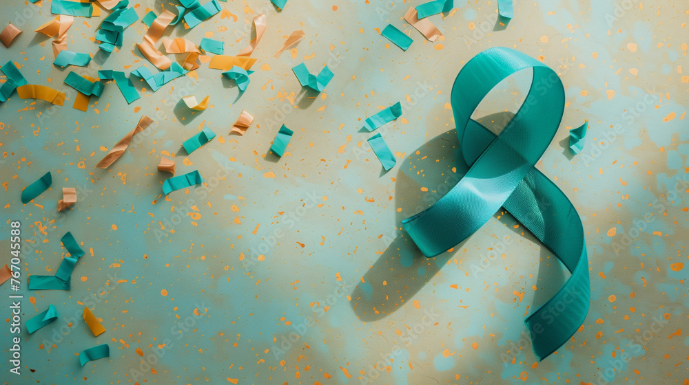 Teal green cancer ribbon confetti background support ovarian campaign ...