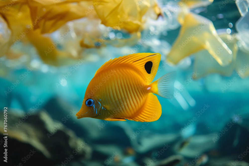 A striking butterfly fish swims through a clutter of plastic, a ...