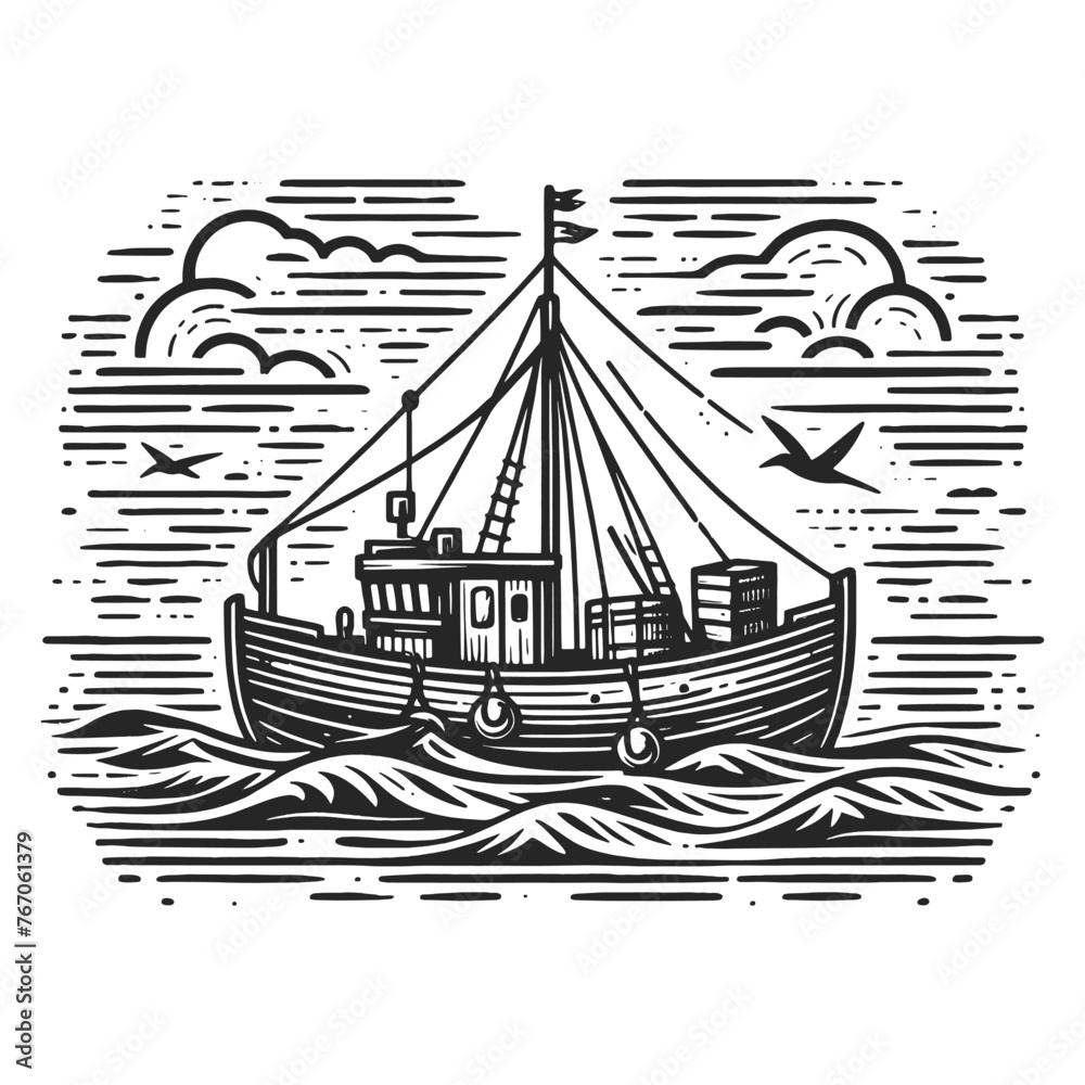 fishing boat ship trawler at sea, complete with rigging and nets ...