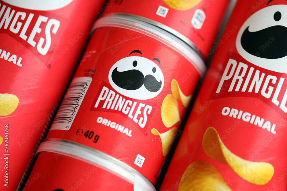 KYIV, UKRAINE - FEBRUARY 27, 2024 Pringles original potato chips on ...