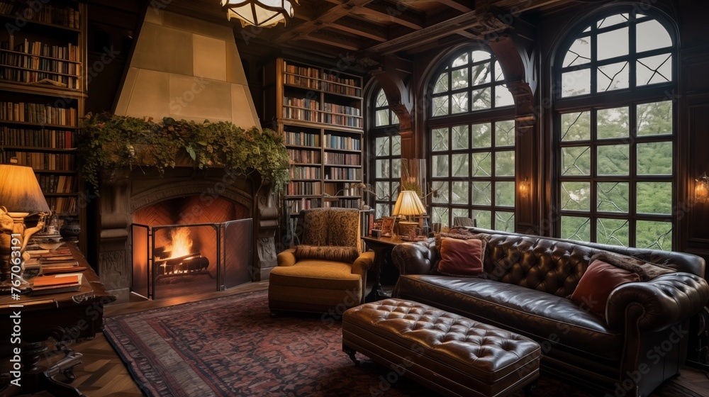 Gentleman's study lounge with wood beams floor-to-ceiling built-in ...
