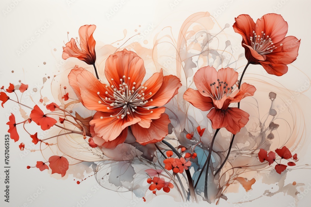 Watercolor of maple paint ink line black floral shapes and contrasting ...