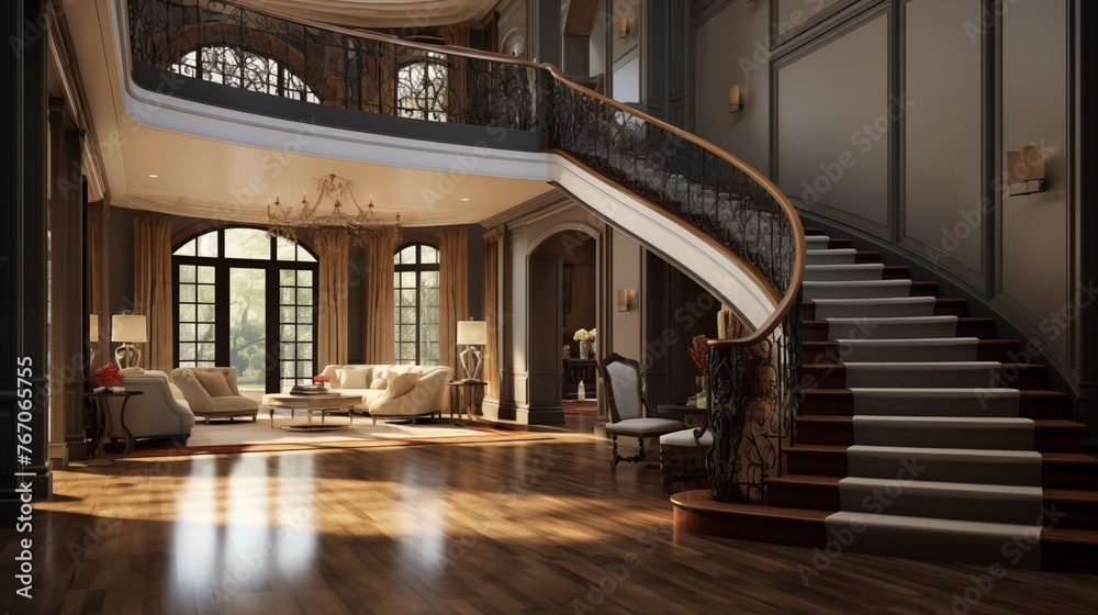 Grand dual staircase curving up two-story open concept foyer with ...