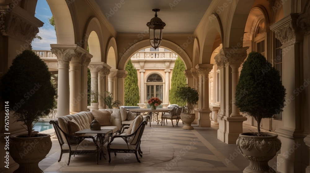 Grand European villa formal loggia with arched openings frescoed arched ...