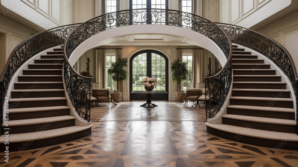 Grand two-story French chateau entry hall with herringbone parquet ...