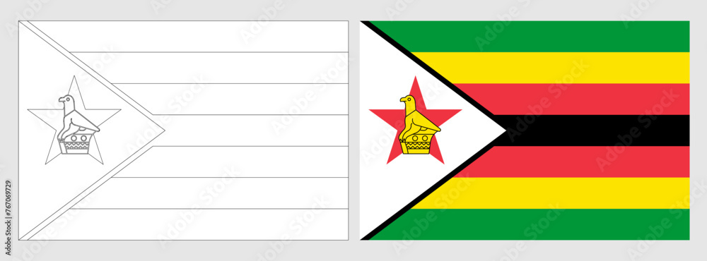 Zimbabwe flag - coloring page. Set of white wireframe thin black ...