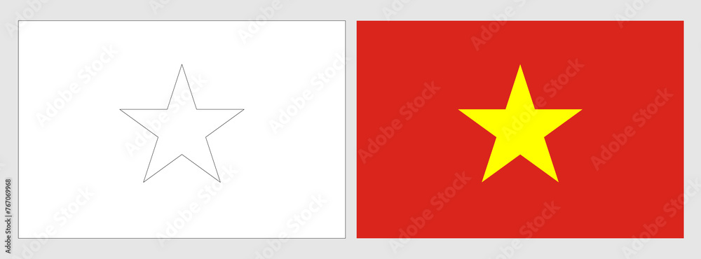 Vietnam flag - coloring page. Set of white wireframe thin black outline ...