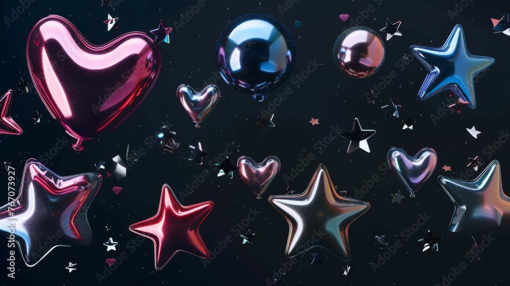 Stars and planets in Y2K, futuristic style on dark background. Render ...