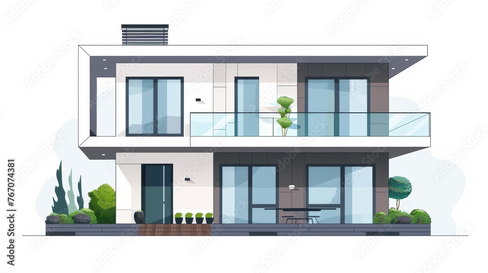 The exterior of a building with a terrace. An exterior of a two-story ...