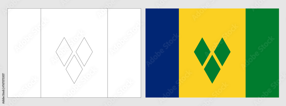 Saint Vincent and the Grenadines flag - coloring page. Set of white ...
