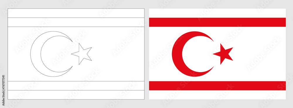 Northern Cyprus flag - coloring page. Set of white wireframe thin black ...