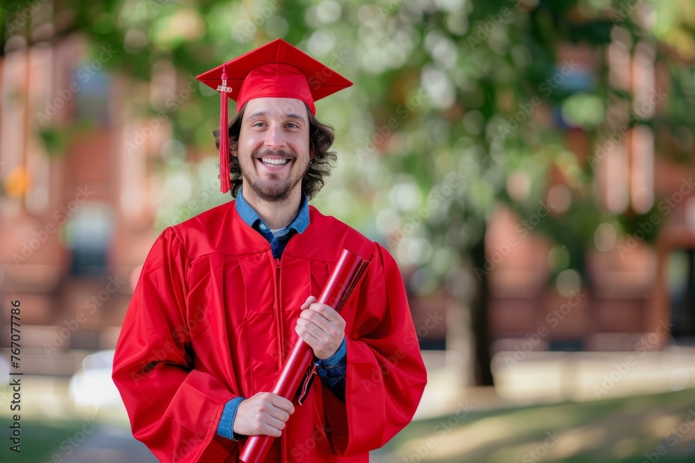 Proud student in a vibrant red graduation gown and mortarboard holding ...