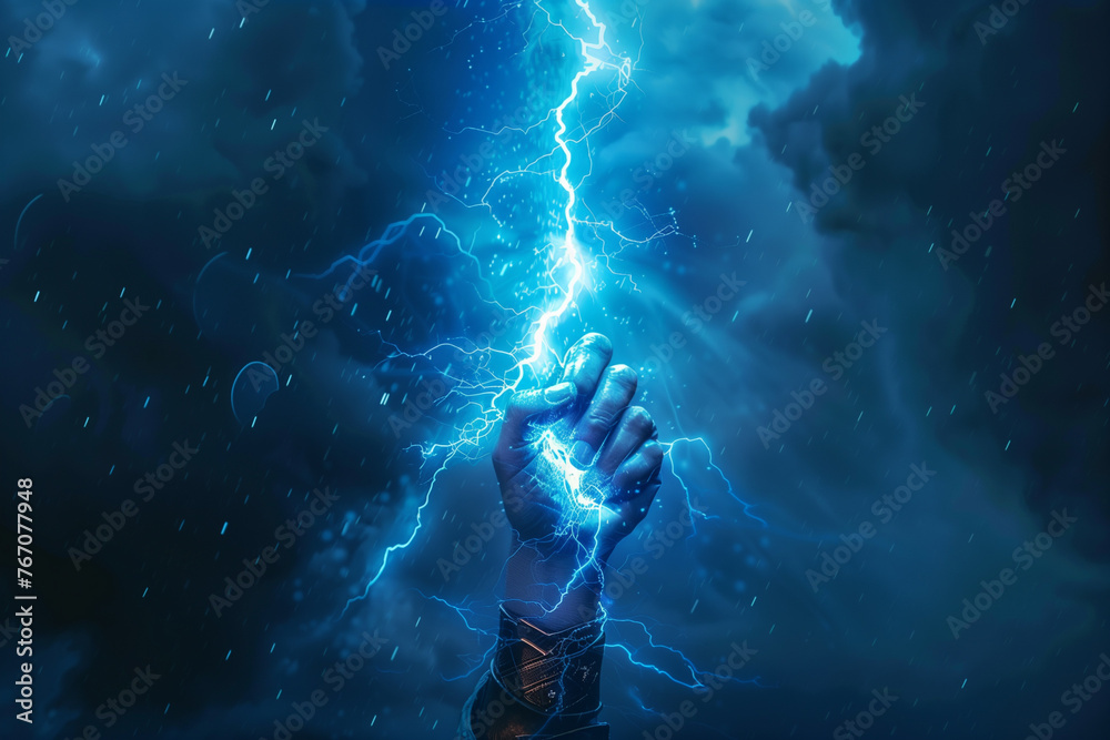 Symbolic Power Hand Holding Up Lightning Bolt with Stormy Background ...
